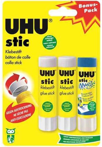 UHU stic - Paquet 2 bâtons de colle stic + 1 bâton de colle stic Magic ...